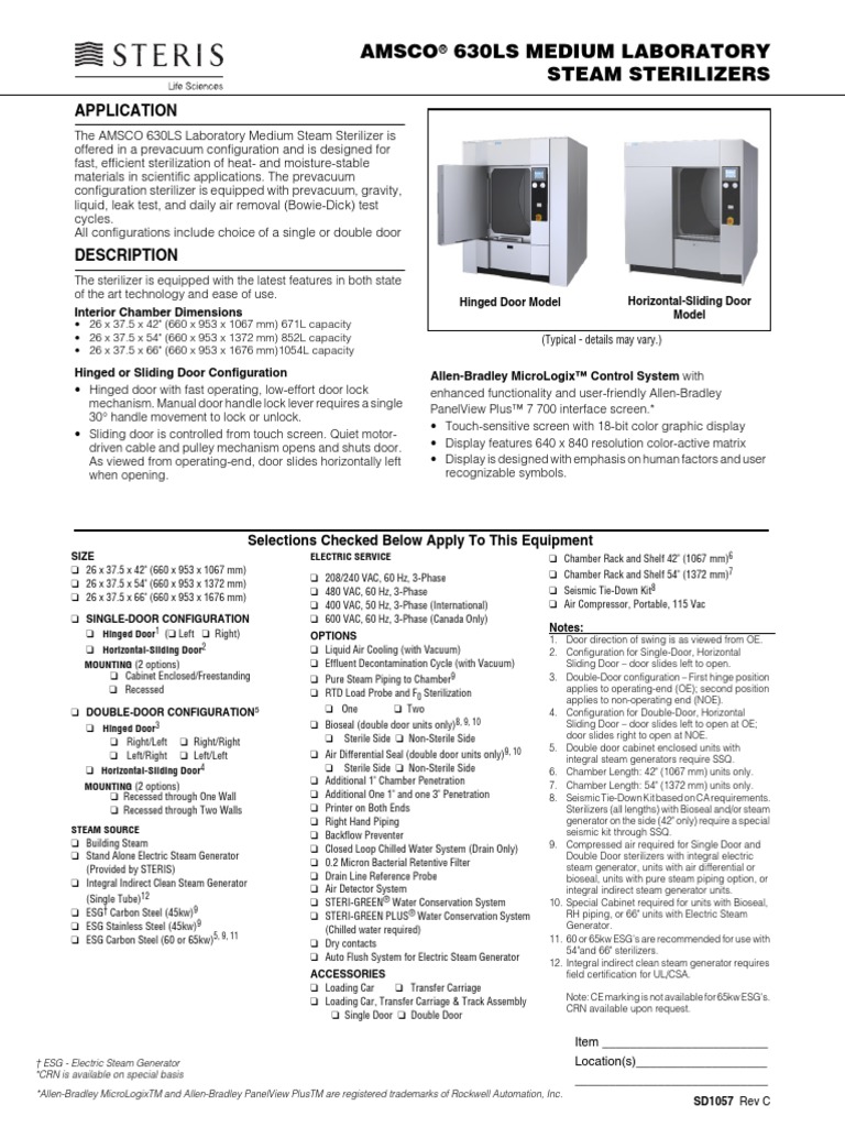 AMSCO LS Series Medium Steam Sterilizers 630LS Tech Data | PDF | Sterilization (Microbiology ...