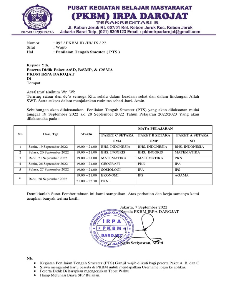 Contoh Surat Edaran PTS PKBM | PDF