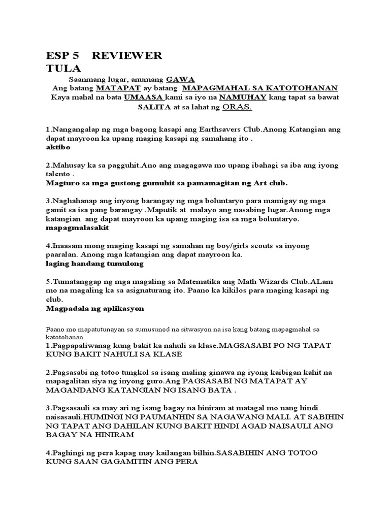 Esp 5 Reviewer | PDF