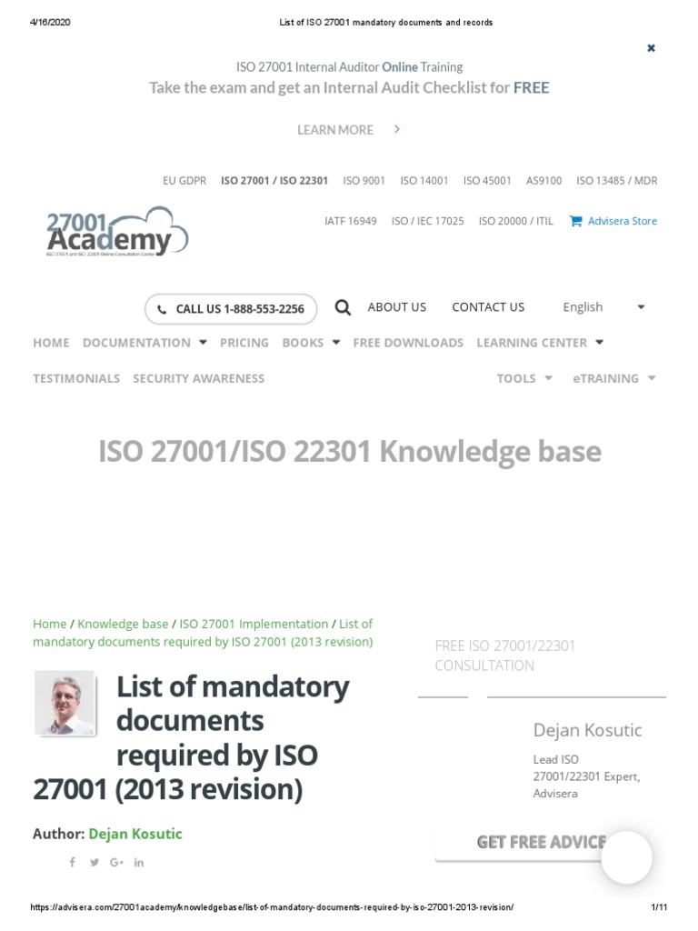 Iso 27001 List of Mandatory Documents and Records Required Standard ...