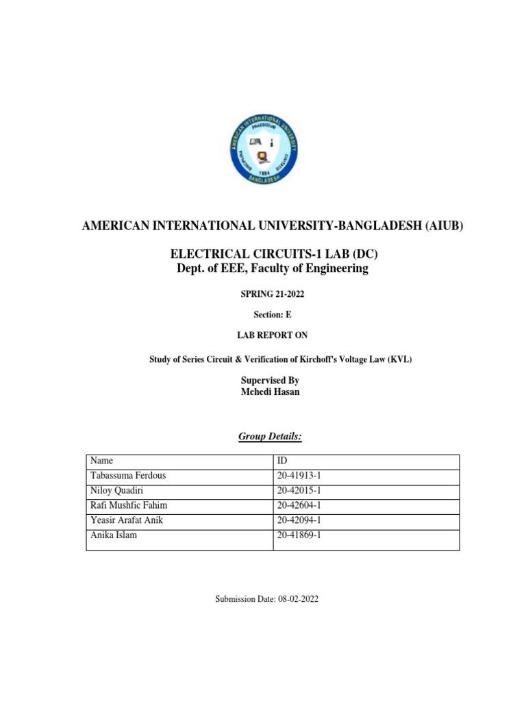 DC LAB EXP 02 (Study of Series Circuit and Verification of Kirchoff's Voltage Law (KVL) ) | PDF ...