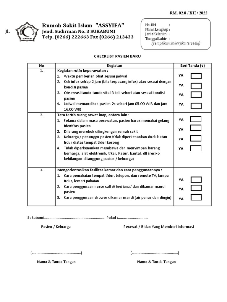 Checklist Pasien Baru RS Assyifa Sukabumi | PDF