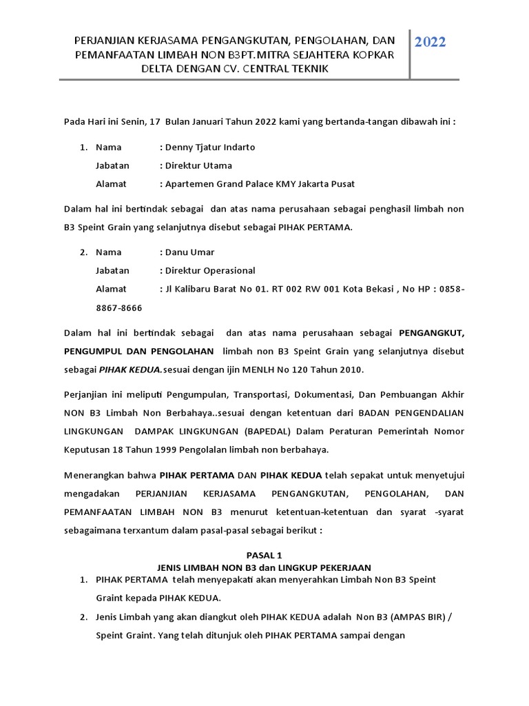 Perjanjian Kerjasama Limbah Non B3 Bymutiaaa | PDF