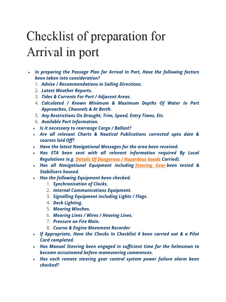 Checklist of Preparation For Arrival in Port | PDF | Water Transport ...