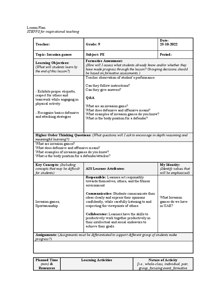 PE Invasion Games Lesson | PDF