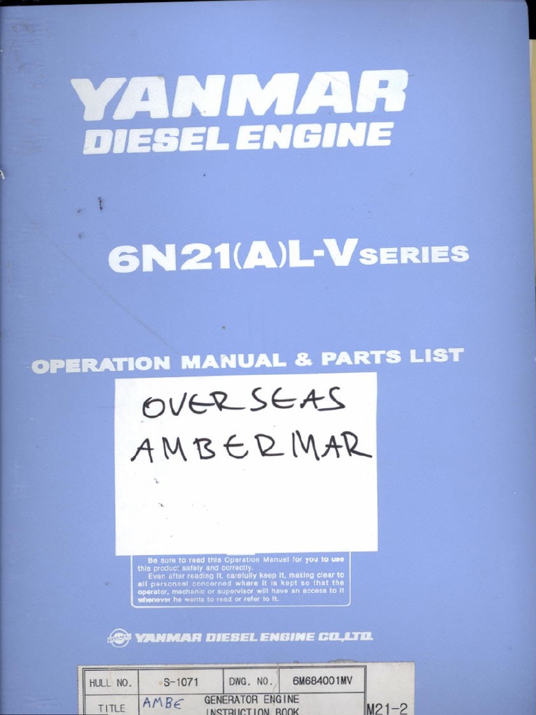 Yanmar Diesel Engine 6n21 (A) L-V Series Generator Engine Instruction Book | PDF