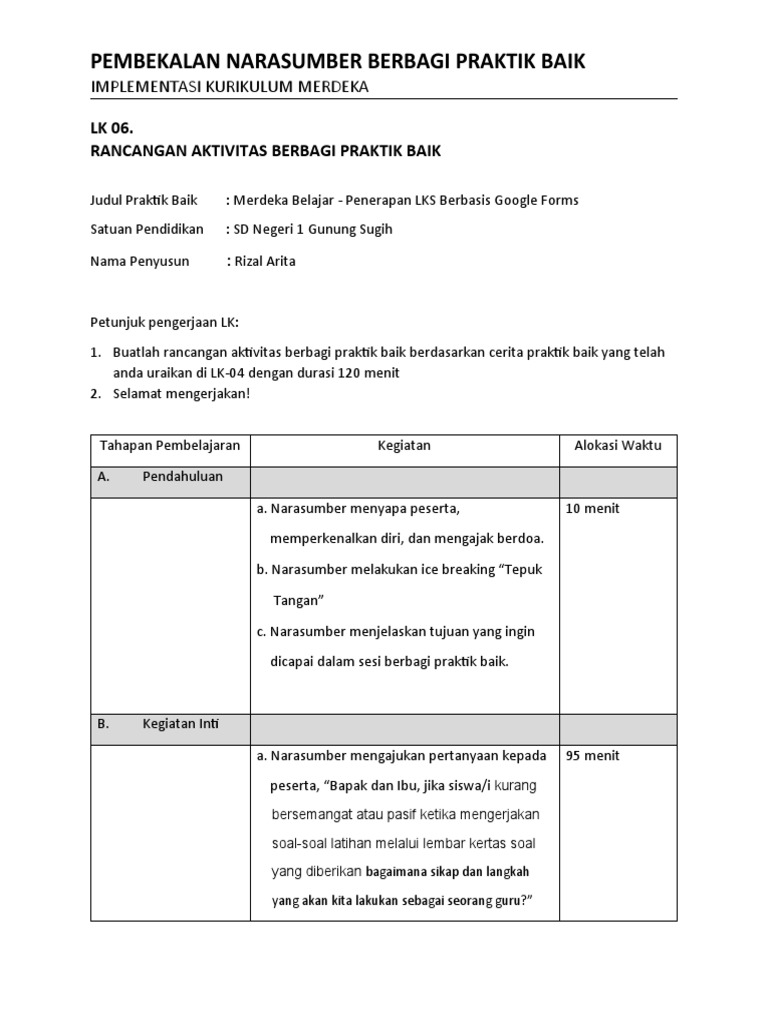RIZAL ARITA LK.06. - Rancangan Aktivitas Berbagi Praktik Baik | PDF