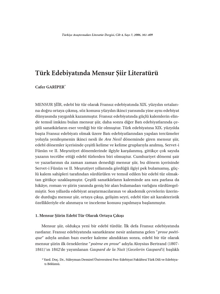 Türk Edebiyat Nda Mensur Fiiir Literatürü | PDF