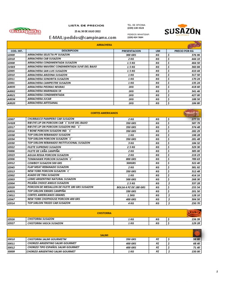 Lista de Precio 25 Al 30 Julio 2022 | PDF | Queso | filete