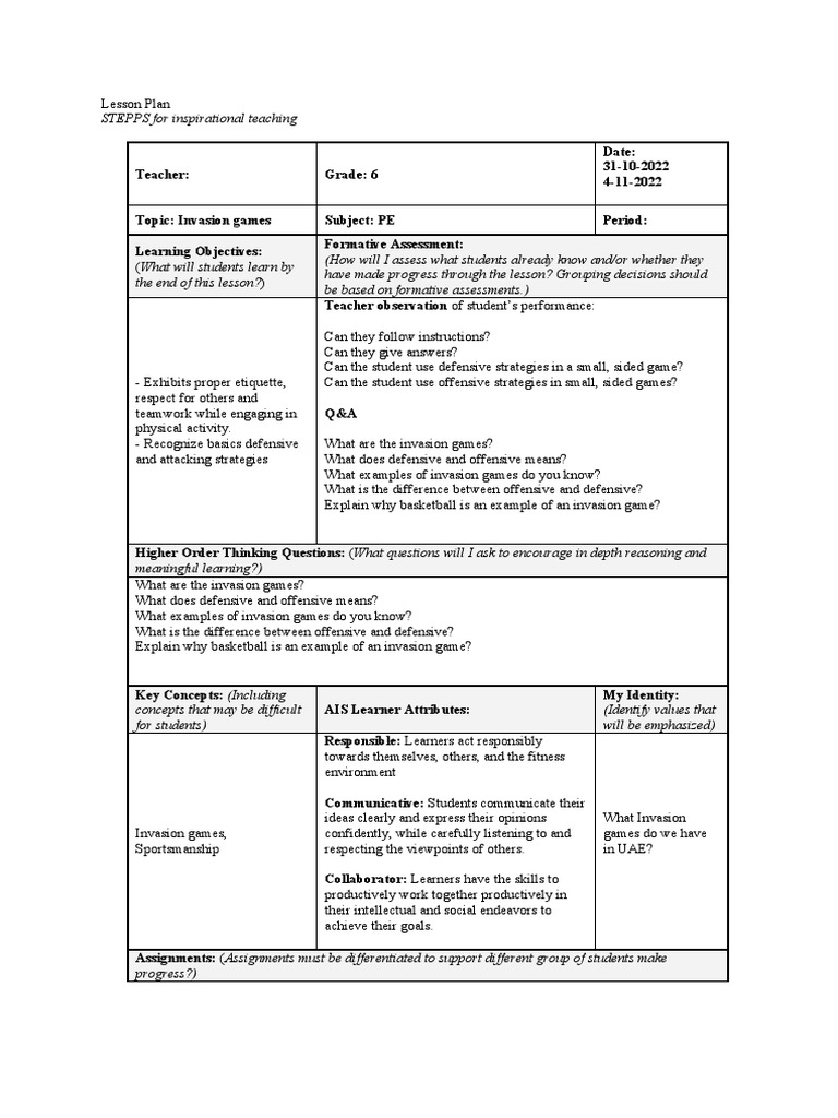 Grade 6 Invasion Games | PDF | Educational Assessment | Learning