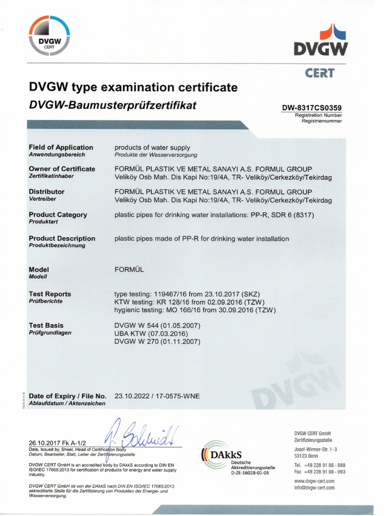 Aquapa PPR Pipe Certification by DVGW | PDF