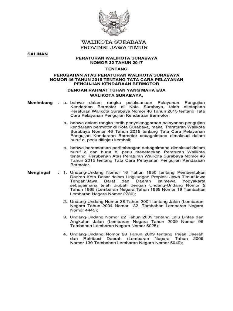 Perwali - 1929 Surabaya - Perubahan Tata Cara Pelayanan Uji Kir | PDF