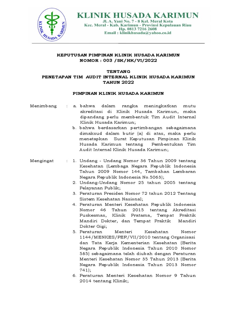 Penetapan Tim Audit Internal Klinik | PDF