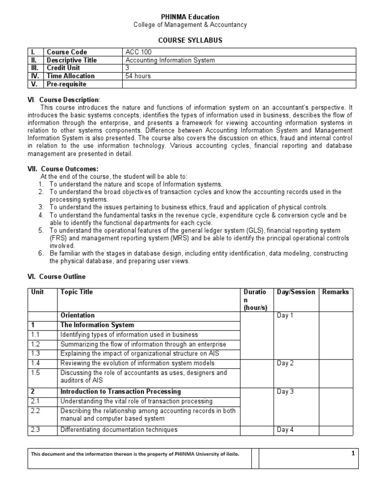 ACC 100 - Course Outline Student Version | PDF | Internal Control ...