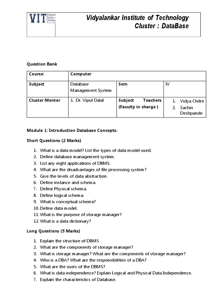 Database Management System Question Bank | PDF | Relational Model ...