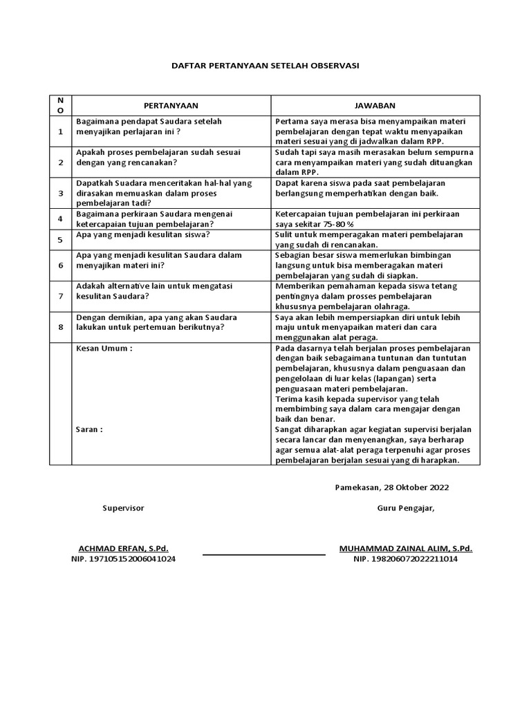 Daftar Pertanyaan Observasi PJOK | PDF