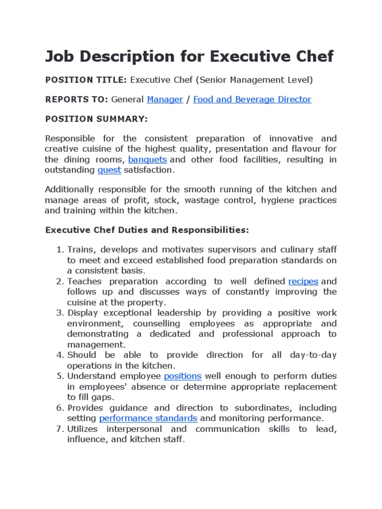 Job Description For Executive Chef | PDF | Foods | Chef