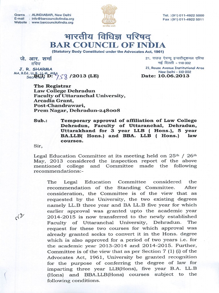 BAR COUNCIL OF INDIA Approval Letter | PDF