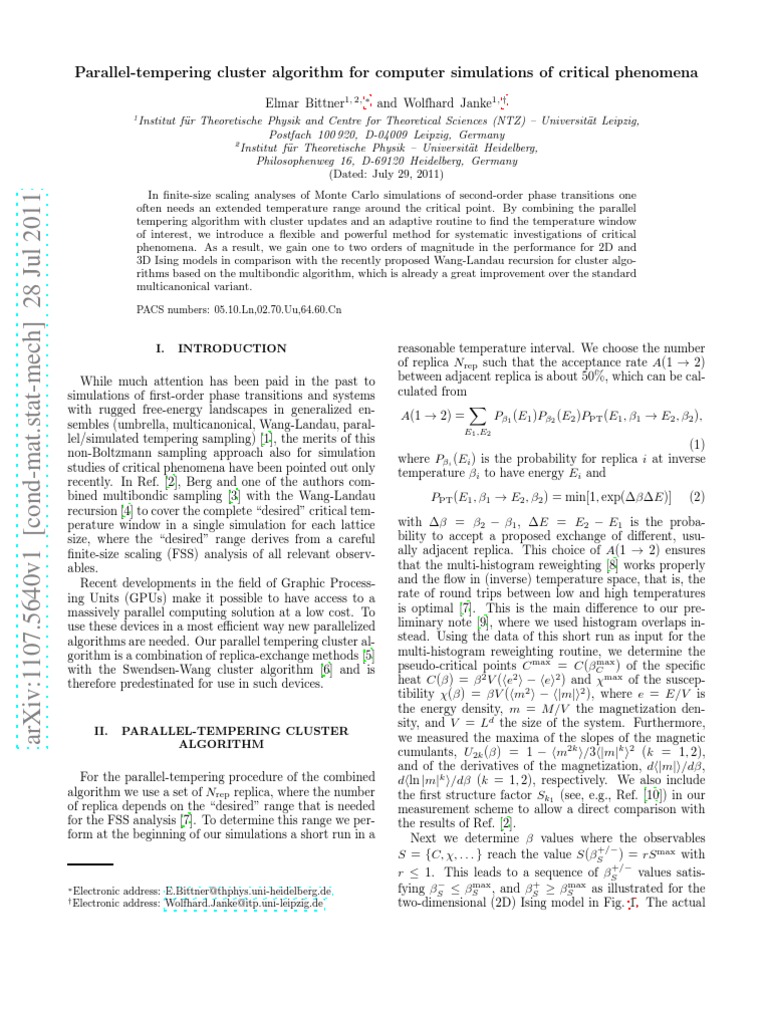 Parallel Tempering Cluster Algorithm For Computer Simulations Of Critical Phenomena Pdf