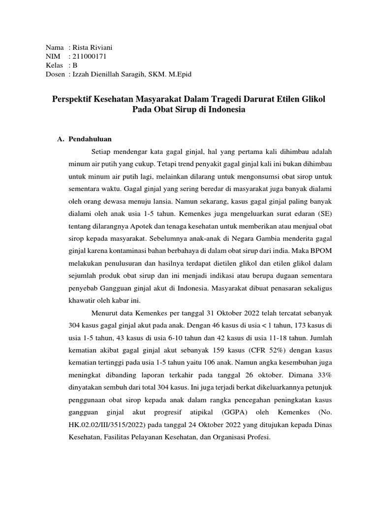Essay Ilmiah KLB (Gangguan Ginjal Akut) | PDF