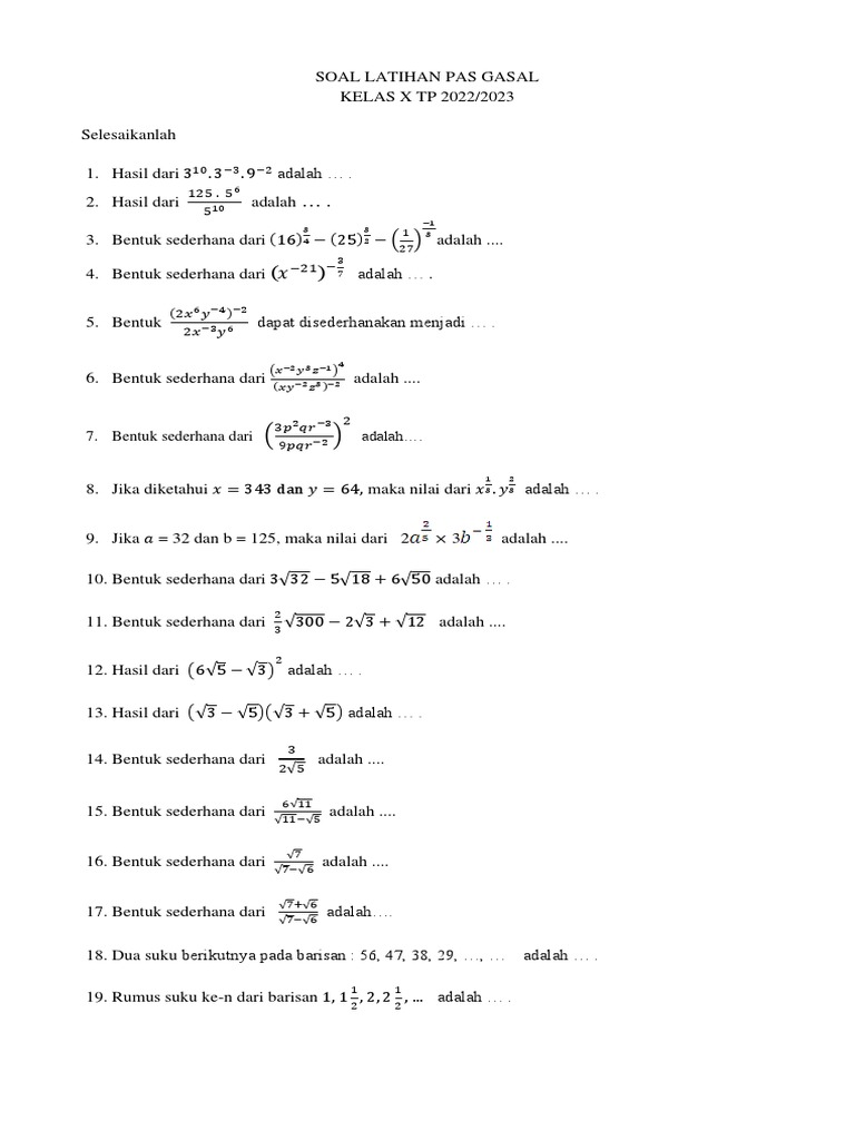 Soal Latihan Pas Mat Kls 10 | PDF