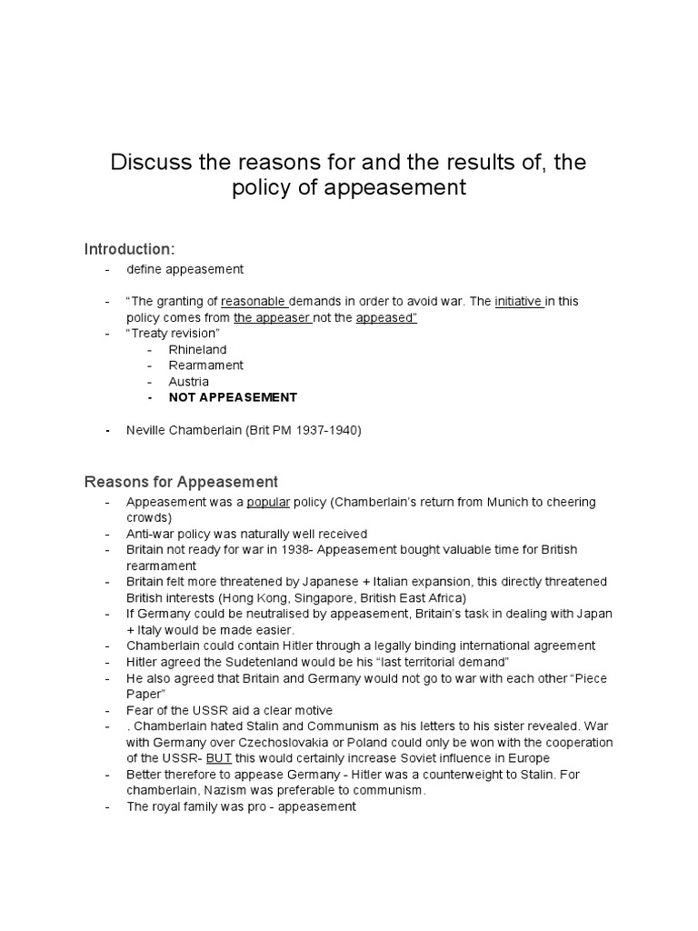 Reasons and Results of Appeasement Policy | PDF | Neville Chamberlain | Adolf Hitler