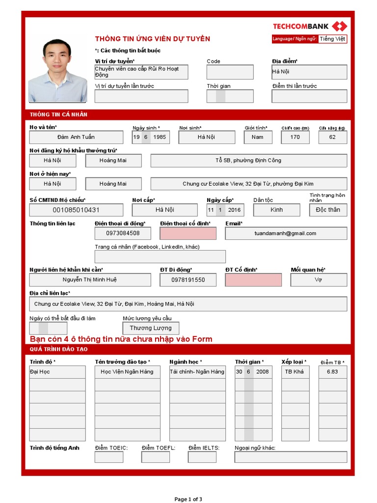 Thông Tin Ứng Viên Dự Tuyển: Bạn còn 4 ô thông tin nữa chưa nhập vào ...