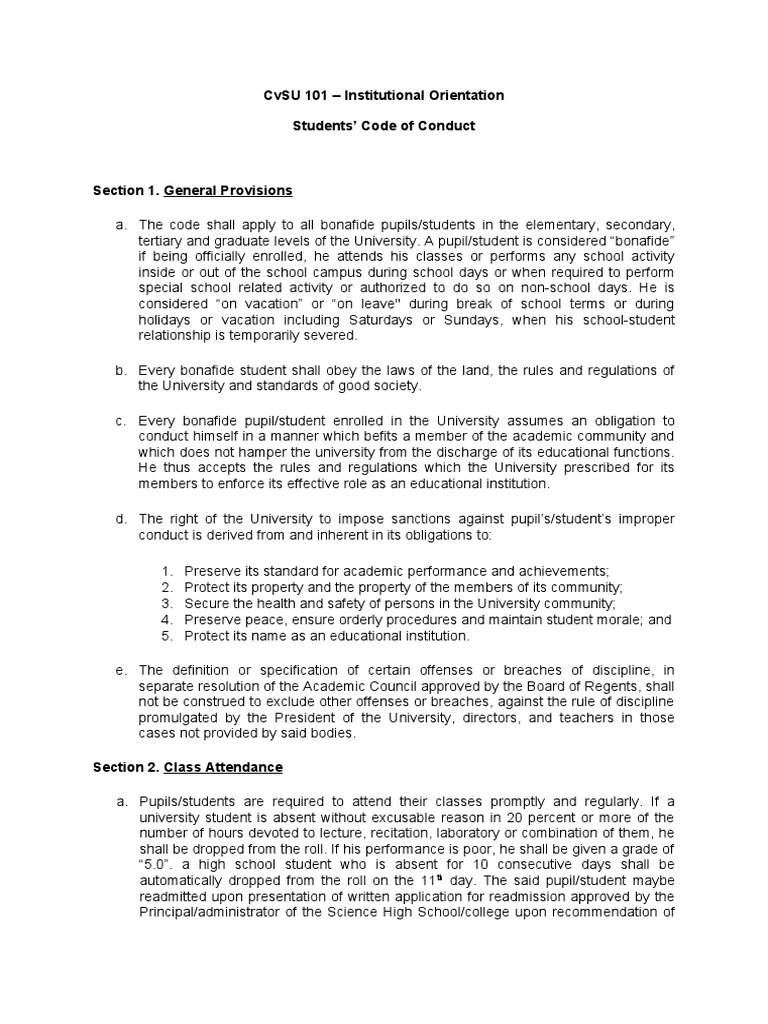 CvSU 101-Students’ Code of Conduct | PDF