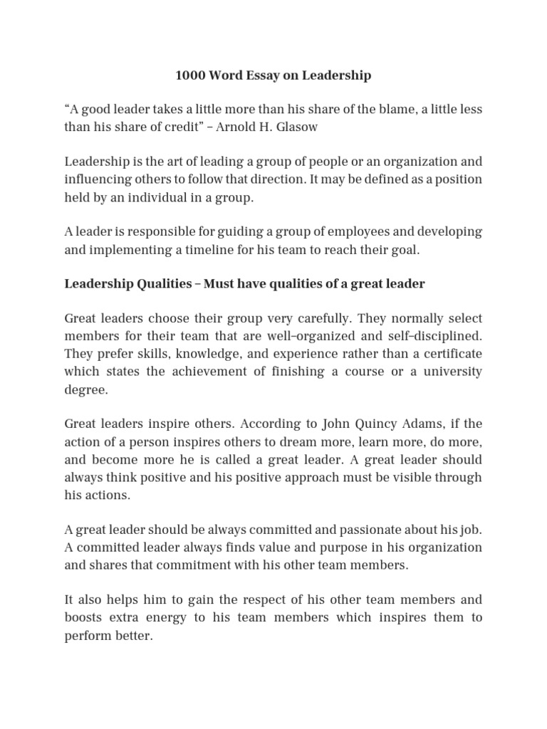 1000 Word Essay On Leadership | PDF | Leadership | Transformational Leadership