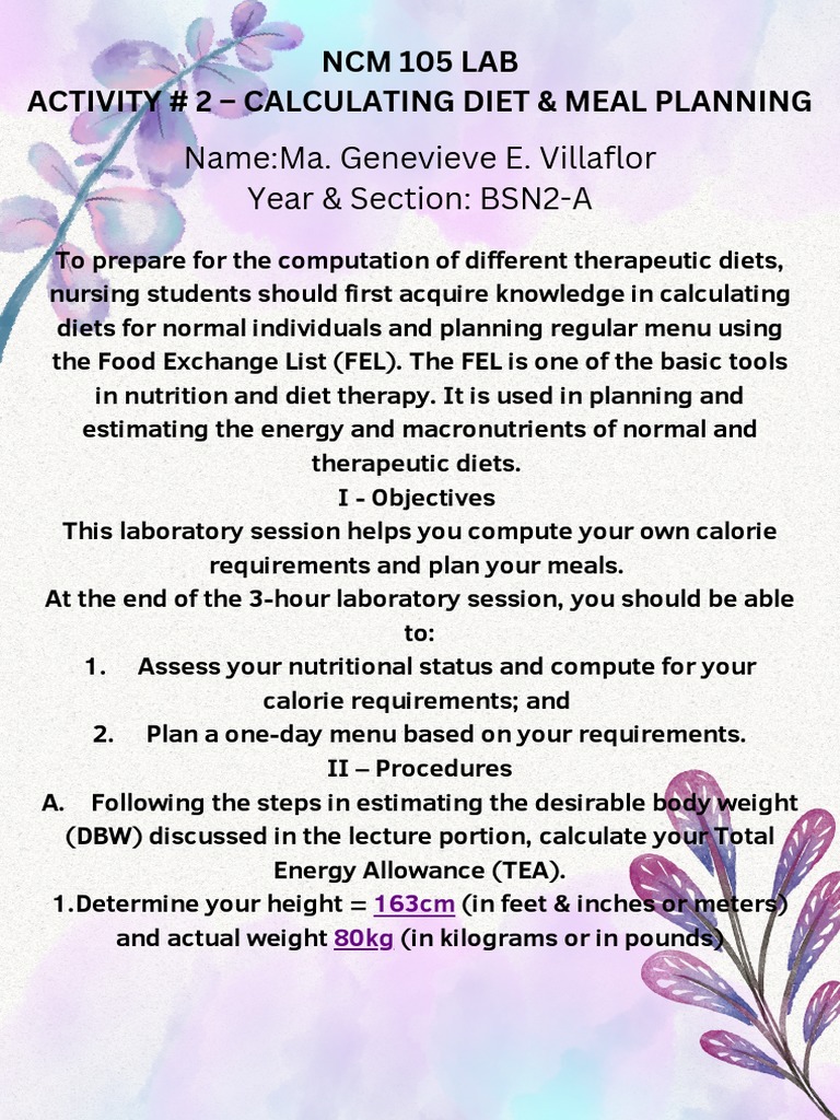 NCM 105 SL ACTIVITY 2 VILLAFLOR | PDF | Calorie | Dieting