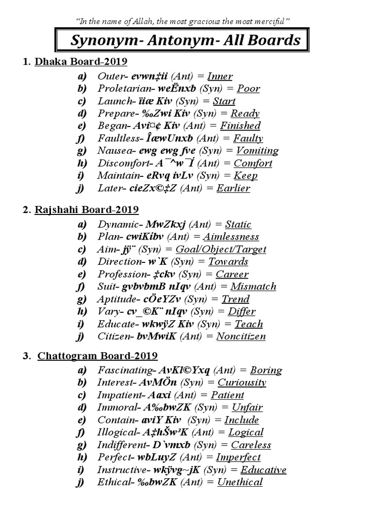 Synonym Antonym All-Boards Exercise Sheet | PDF | Cognitive Science | Social Institutions