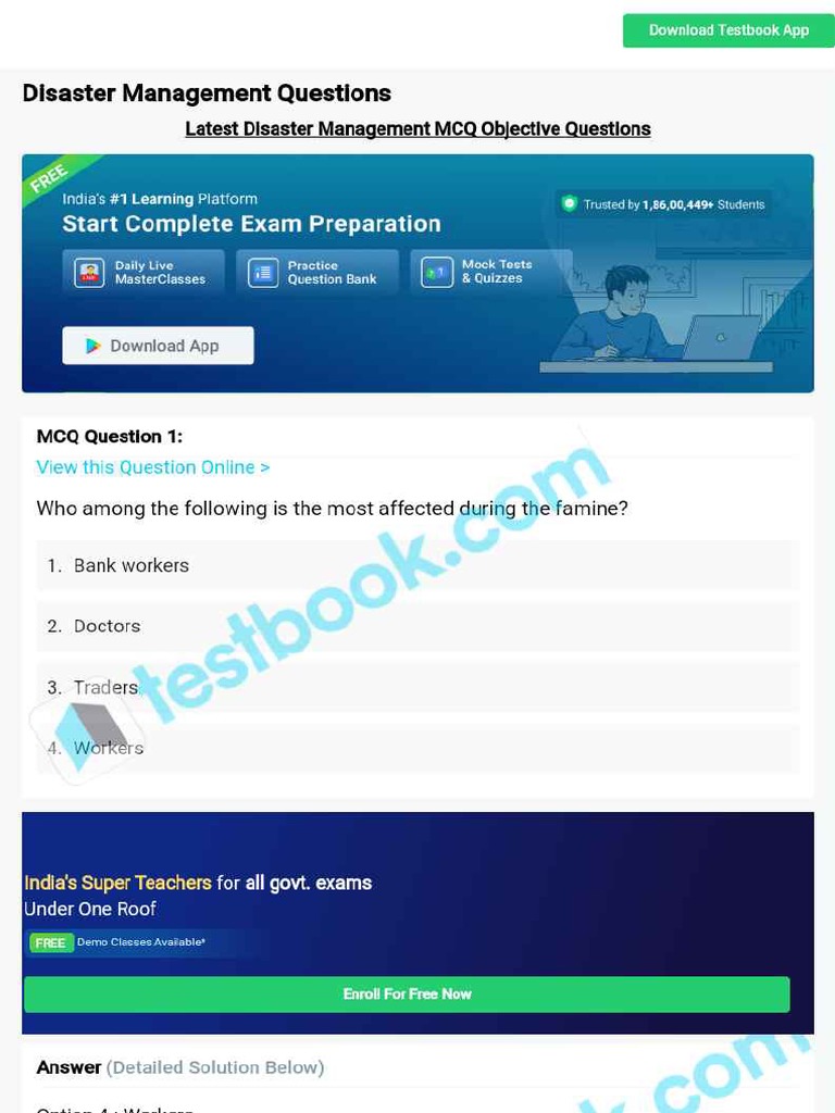 MCQ On Disaster Management 6257fb687e75be0ee034714b | PDF