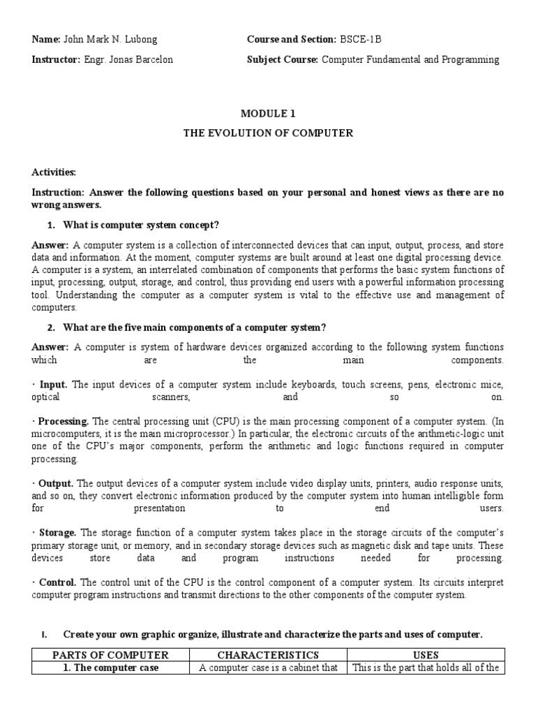 John Mark Lubong Bsce 1D Module 1 Activities Computer Fundamental & Programming | PDF | Computer ...