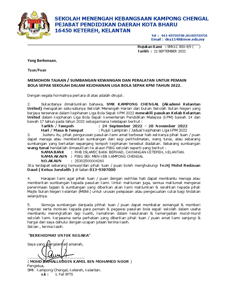 Surat Memohon Tajaan & Sumbangan Liga KPM 2022-1 | PDF