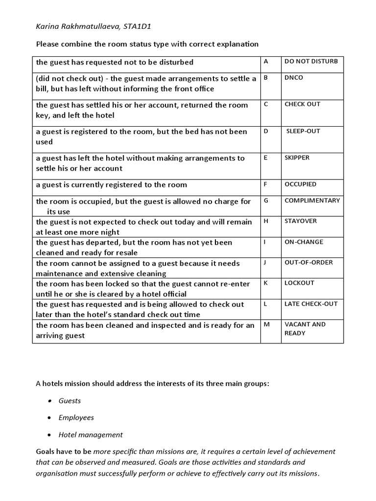 Room Status Types | PDF | Hotel | Economies