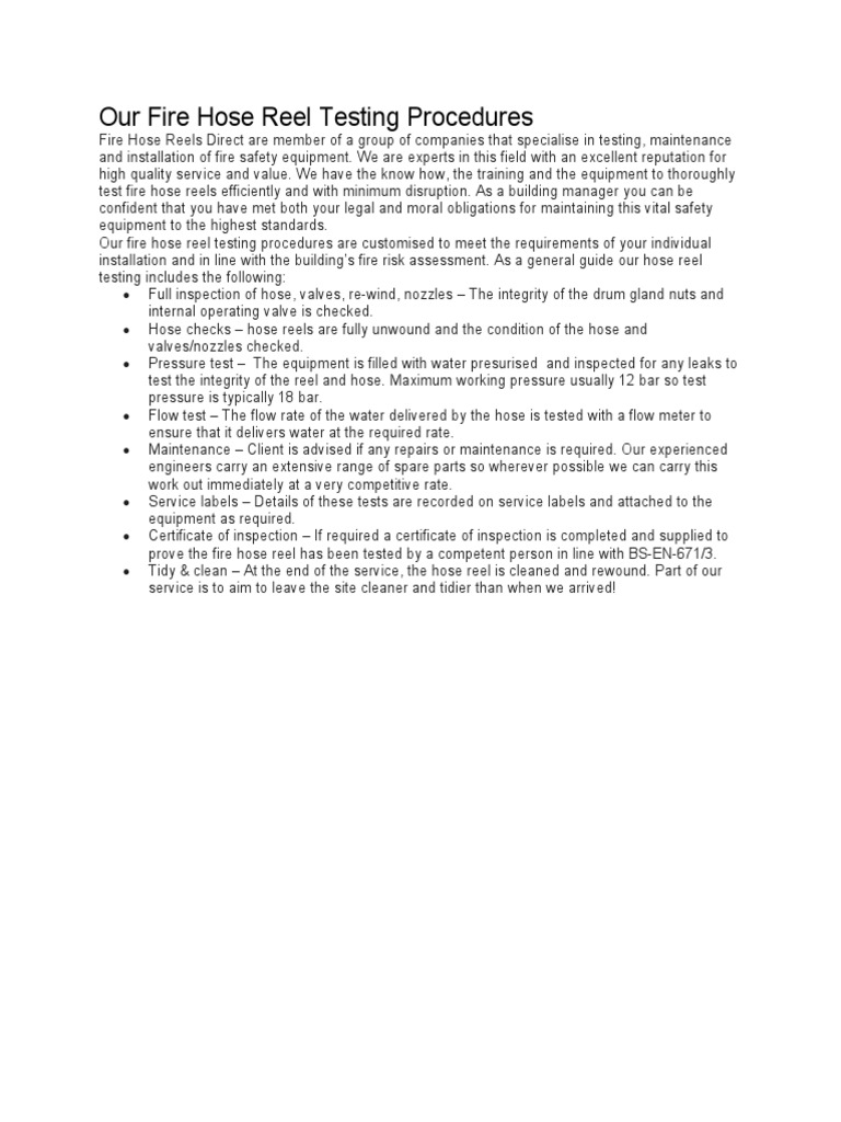 Fire Hose Reel Testing Procedures | PDF