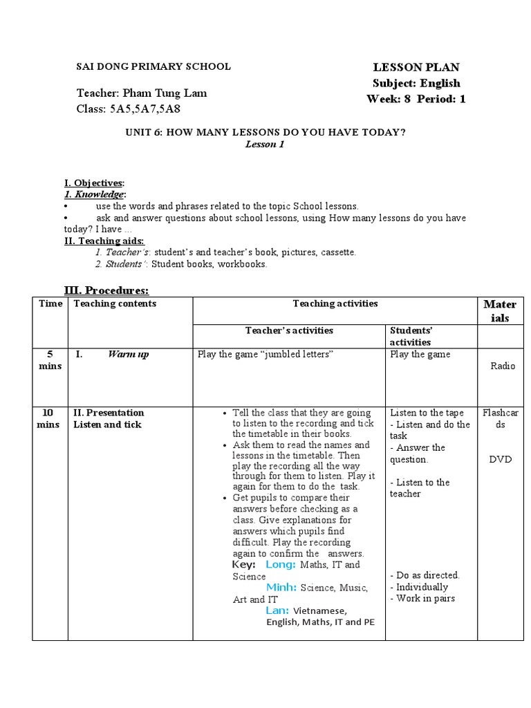 Lesson Plan for Unit 6, Grade 5 | PDF | Teachers | Education Theory