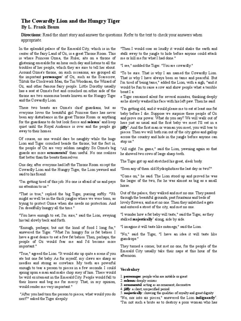 Cowardly Lion and Hungry Tiger's Plot | PDF | Cowardly Lion | Princess Ozma