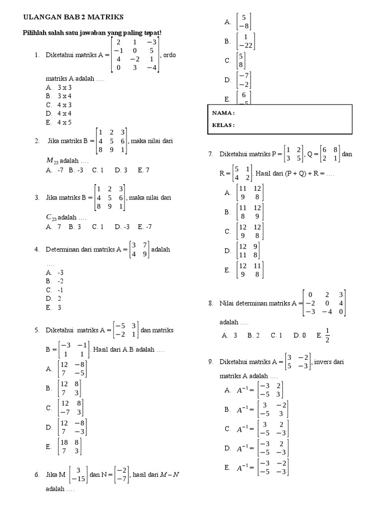 Ulangan Bab 2 Matriks 2 | PDF