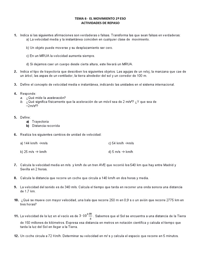 Actividades de Repaso - Tema 6. El Movimiento | PDF | Velocidad | Aceleración
