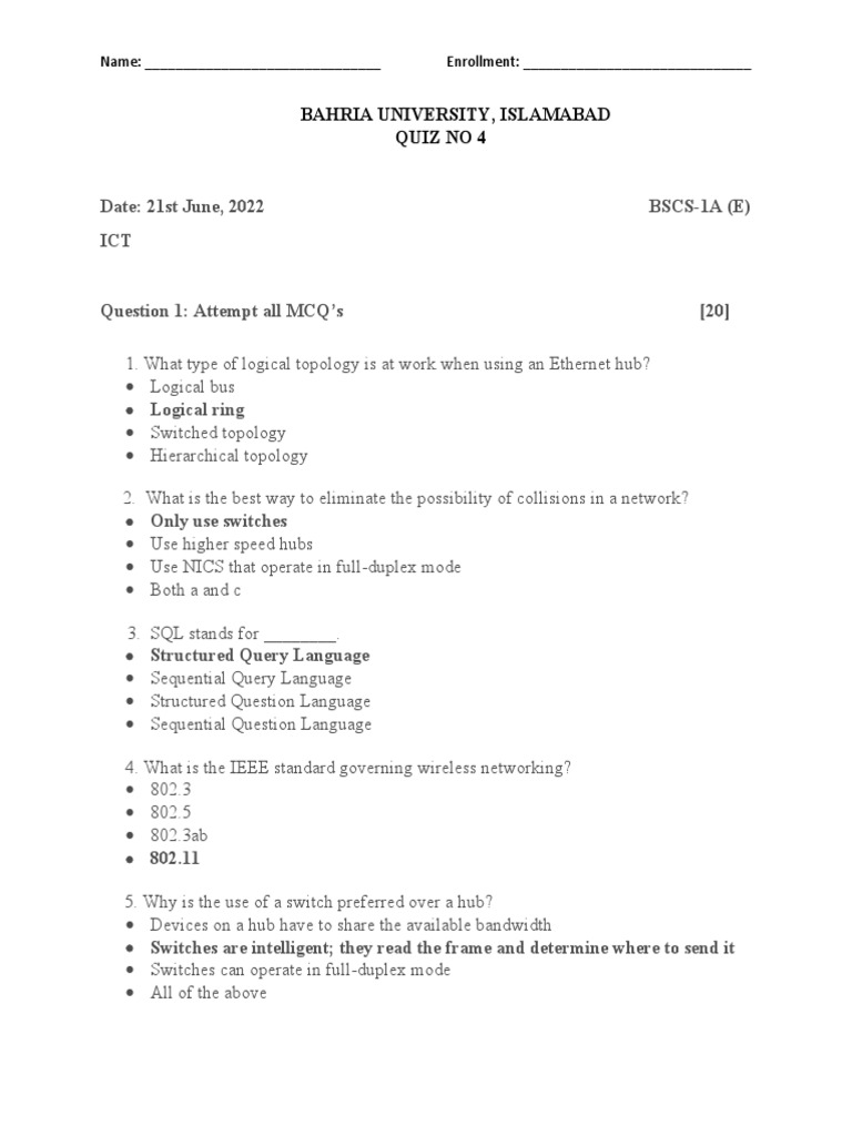 ICT QUIZ 4 1B E Sol 22062022 062532pm | PDF | Network Switch | Network ...