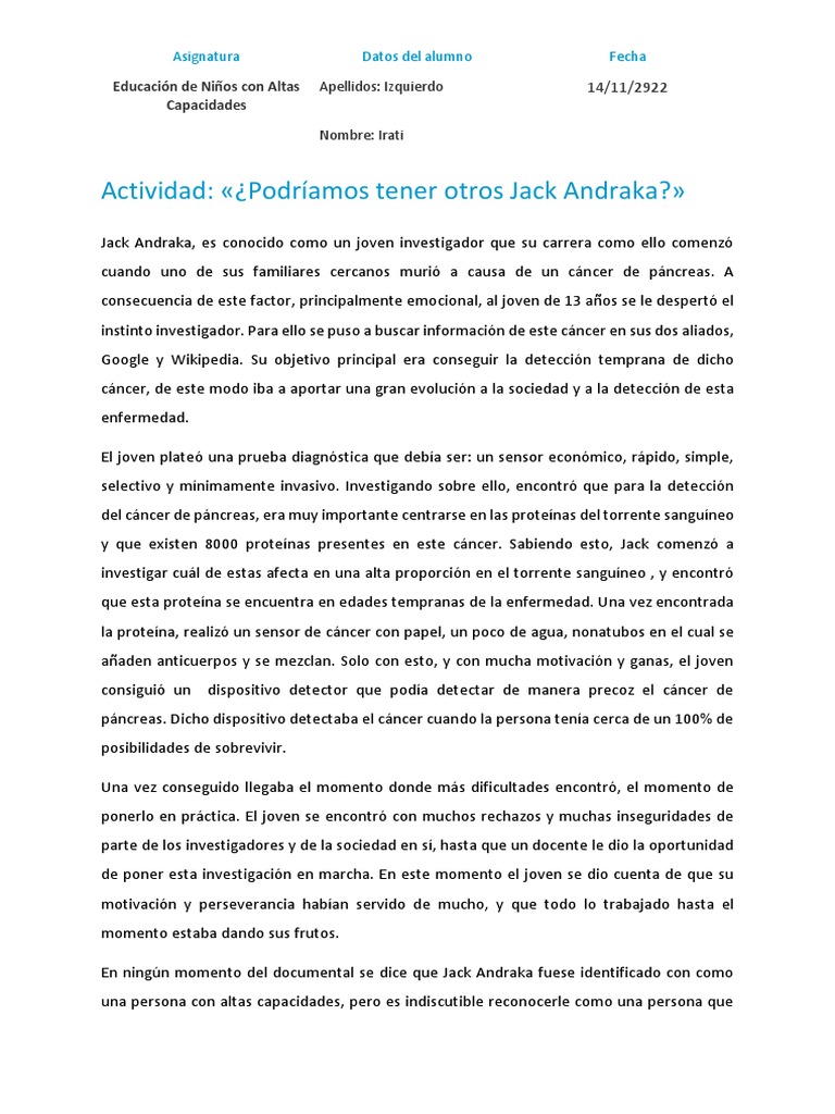 Jack Andraka | PDF | Cáncer | Cáncer de páncreas