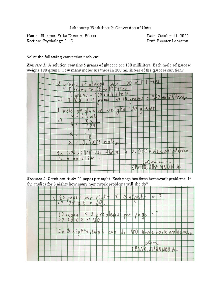 Laboratory Worksheet 2 - Conversion of Units | PDF