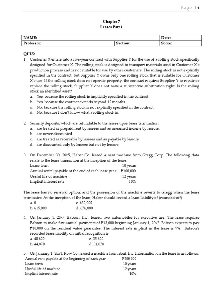 Chapter 7 Leases Part 1 Quiz | PDF | Lease | Option (Finance)