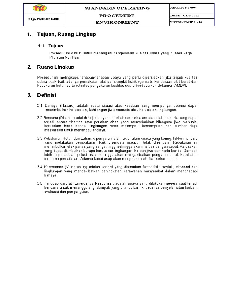 SQ4-YNH-HSE-SOP 001 Pengelolaan Kualitas Udara | PDF