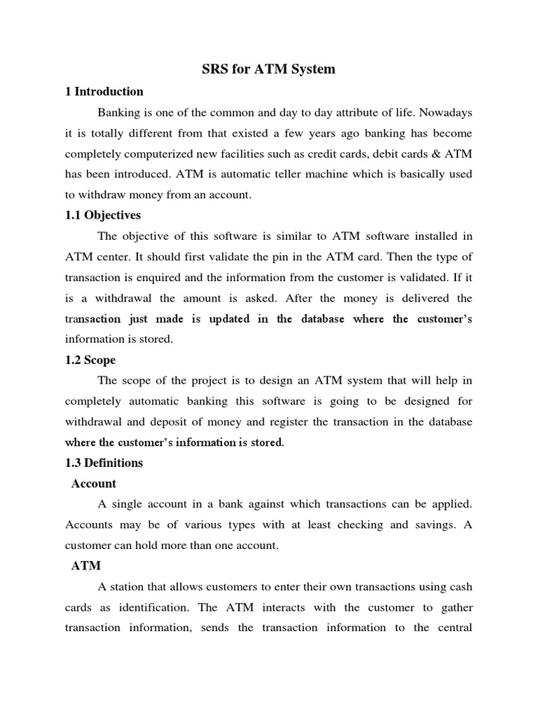 SRS For ATM System | PDF | Automated Teller Machine | Personal ...