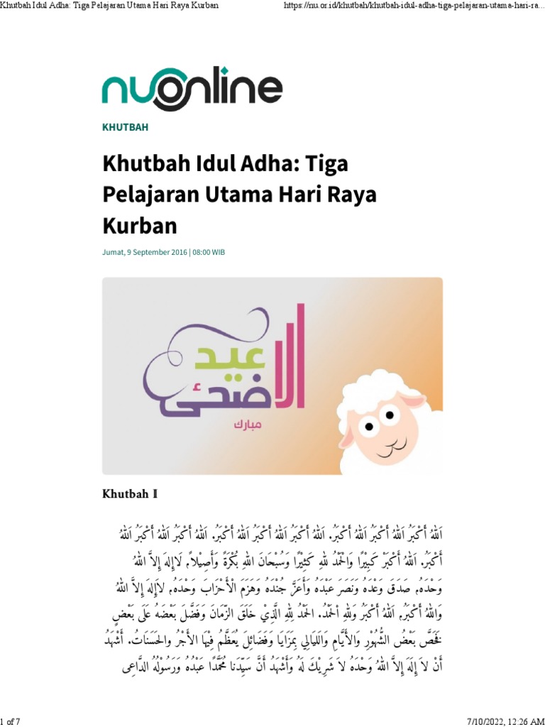 Khutbah Idul Adha Tiga Pelajaran Utama Hari Raya Kurban | PDF