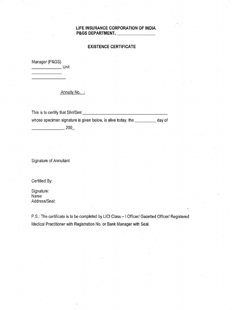 Existence Certificate For Getting Pension From LIC | PDF