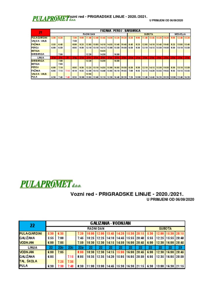 Pula Bus Schedule 2020/2021 | PDF
