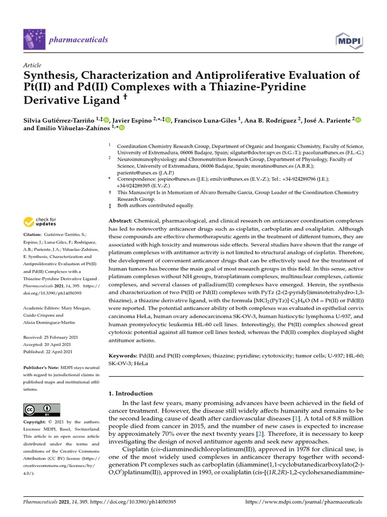 Synthesis, Characterization and Antiproliferative Evaluation of PT (II) and PD (II) Complexes ...